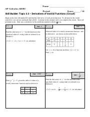 Topic Derivatives Of Inverse Functions Circuit Pdf Name AP Calculus AB BC Period Score