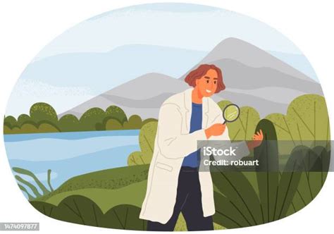자연을 탐험하고 메모를 하는 여자 탐험가 작품 연구원이 자연을 분석합니다 강에 대한 스톡 벡터 아트 및 기타 이미지 강
