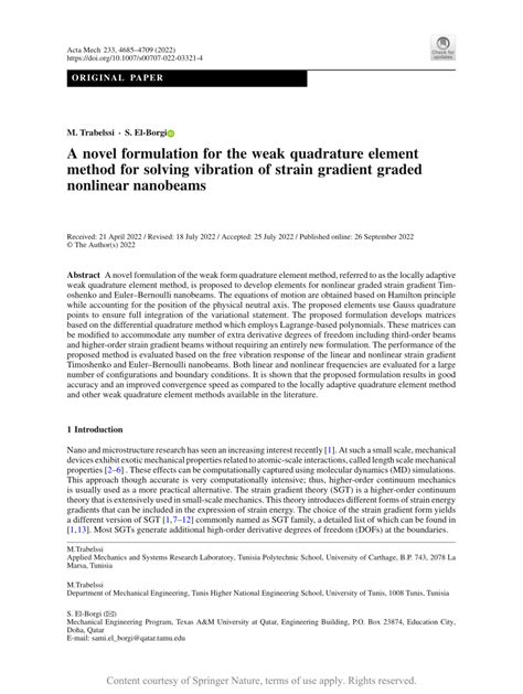 Pdf A Novel Formulation For The Weak Quadrature Element Method For Solving Vibration Of Strain