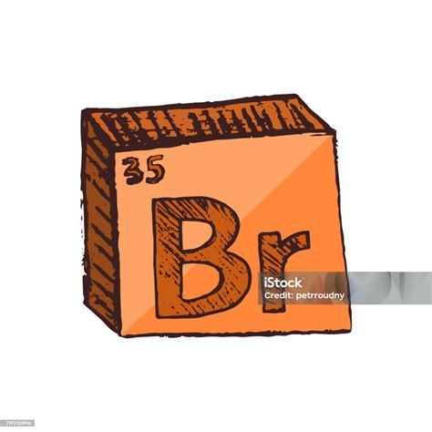 벡터 3차원 손으로 그려진 브로민의 화학적 주황색 심볼은 흰색 배경상에 분리된 원소의 주기법 테이블에서 Br약어를 가진다 3차원