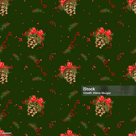 솔방울은 소나무와 전나무 가지로 장식되어 있으며 이음새가 없는 패턴에 활이 있습니다 수채화 디지털 일러스트레이션 크리스마스 구성 어두운 배경에 고립 된 빨간 열매와 뱀 같은