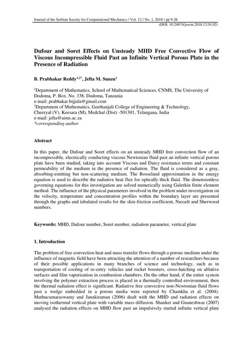 Pdf Dufour And Soret Effects On Unsteady Mhd Free Convective Flow Of Viscous Incompressible