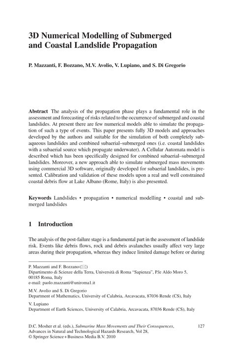Pdf 3d Numerical Modelling Of Submerged And Coastal Landslide Propagation