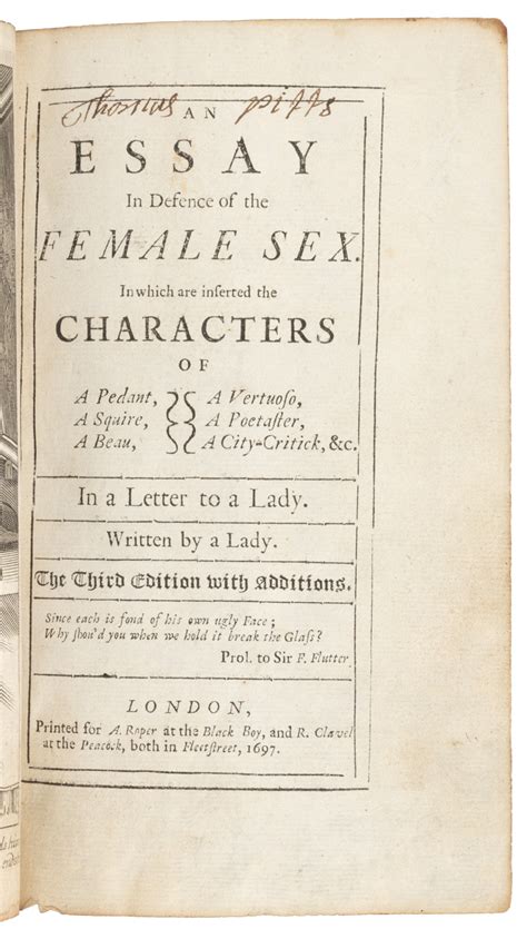 An Essay In Defence Of The Female Sex In Which Are Inserted The