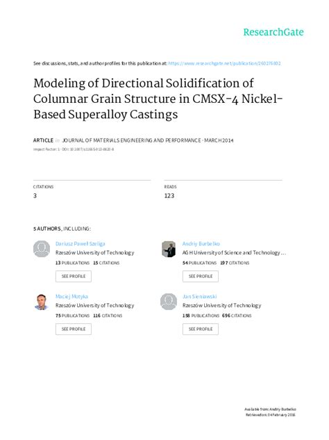 Pdf Modeling Of Directional Solidification Of Columnar Grain Structure In Cmsx 4 Nickel Based