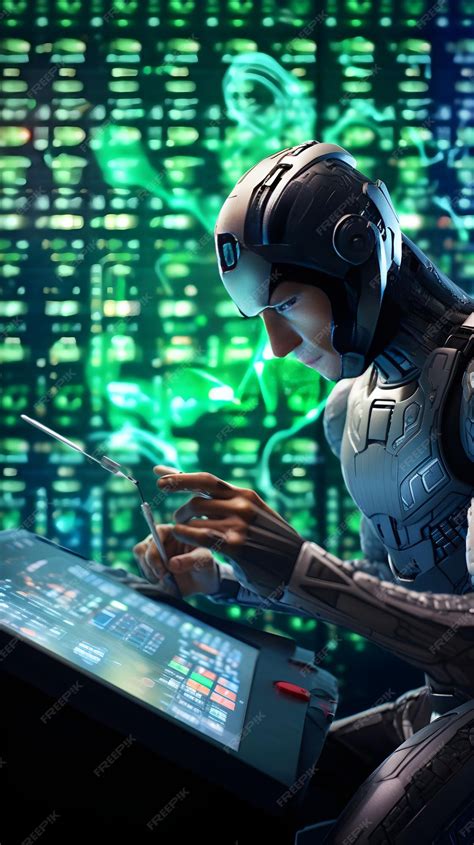 Advanced Humanoid Robotics Engaged In Futuristic Artificial Intelligence Programming Premium