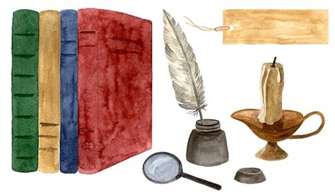 잉크병에 돋보기 양초 깃털이 있는 다채로운 책 더미 수채화 손으로 그린 그림은 흰색 배경에 분리되어 있습니다 디자인 카드 전단지