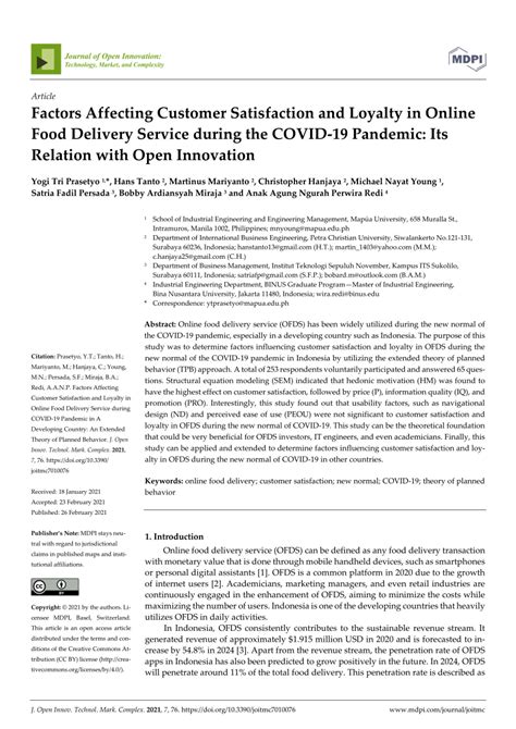 Pdf Factors Affecting Customer Satisfaction And Loyalty In Online Food Delivery Service During