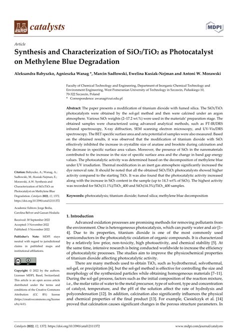 Pdf Synthesis And Characterization Of Sio2 Tio2 As Photocatalyst On Methylene Blue Degradation