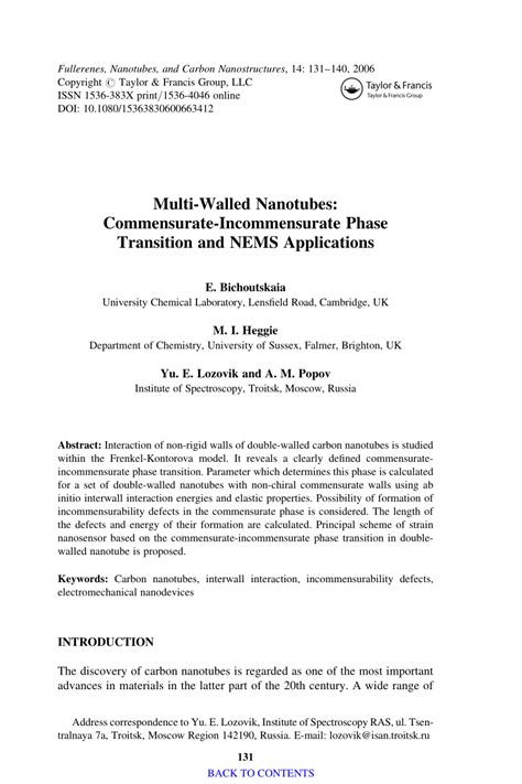 Pdf Multi‐walled Nanotubes Commensurate‐incommensurate Phase Transition And Nems Applications
