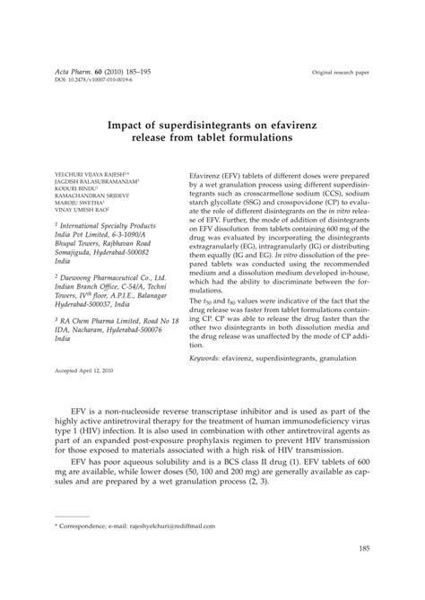 Pdf Impact Of Superdisintegrants On Efavirenz Release From Tablet Formulations