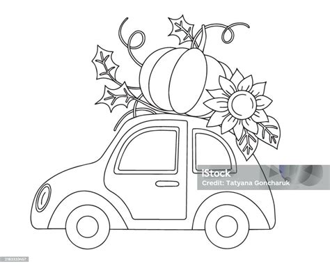 색칠 공부 낙서 스타일의 벡터 그림입니다 귀여운 추수 감사절 구성 호박 자동차 가을 수확 재미 있는 빈티지 프린트 가을에 대한 스톡 벡터 아트 및 기타 이미지 Istock