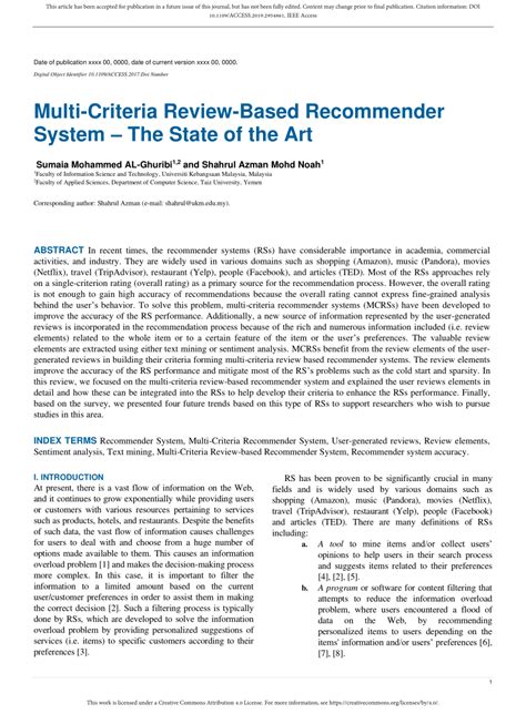 Pdf Multi Criteria Review Based Recommender System The State Of The Art