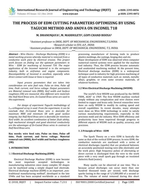 Irjet The Process Of Edm Cutting Parameters Optimizing By Using