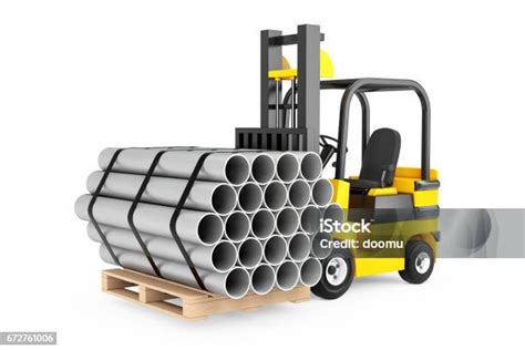 금속 파이프의 지게차 트럭 운반 스택입니다 3 차원 렌더링 지게차에 대한 스톡 사진 및 기타 이미지 지게차 0명 강철