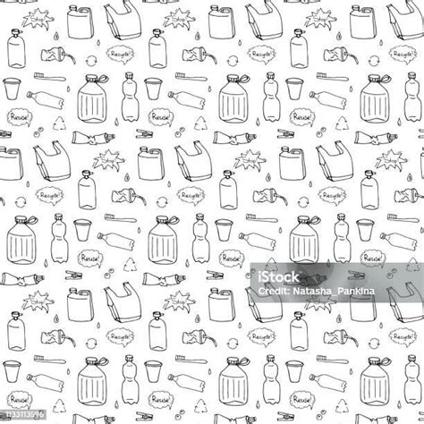 원활한 패턴 손으로 그린 낙서 중지 플라스틱 오염 아이콘 벡터 일러스트 스케치 기호 만화 요소 가방 병 재활용 기호 패키지 폐기