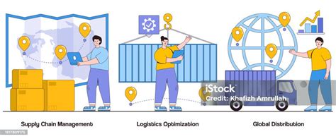 공급망 관리 물류 최적화 캐릭터가 있는 글로벌 유통 개념 공급망 추상 벡터 일러스트 레이 션 세트입니다 효율적인 물류 공급망