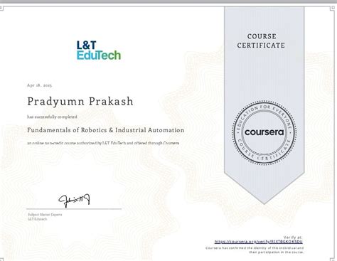 Robotics Industrialautomation Ltedutech Coursera Continuouslearning Pradyumn Prakash