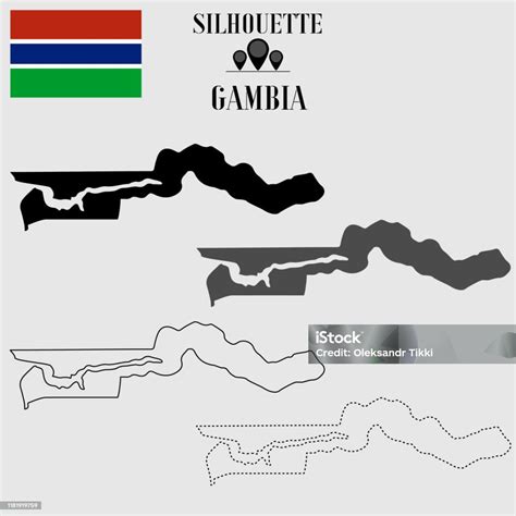 감비아 개요 세계지도 단색 대시 라인 윤곽 실루엣 국기 벡터 일러스트 디자인 배경에 고립 된 개체 요소 국가 설정에서 기호 가정