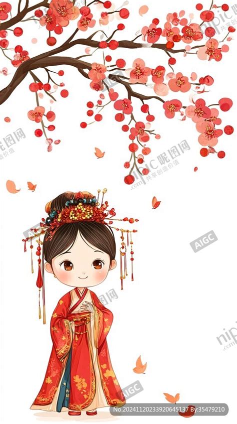 Ai创作图中式新娘插画 古风婚礼插画 汉服婚礼插画 中式卡通新娘 卡通红色汉服女孩 中式婚礼插画 古风婚礼背景 卡通中式新娘 中式卡通新郎新娘