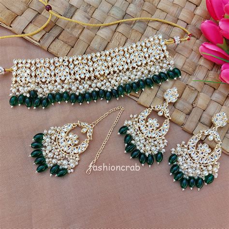 Green Pearl Kundan Set For Saree