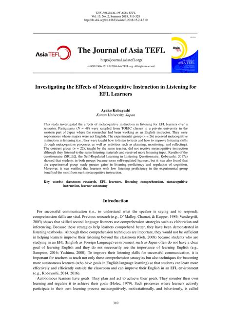 Pdf Investigating The Effects Of Metacognitive Instruction In Listening For Efl Learners