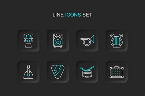 세트 라인 기타 앰프 드럼 스틱이 있는 드럼 피크 발랄라이카 고대 그리스 거문고 트럼펫 스테레오 스피커 및 넥 아이콘 벡터 0명에 대한 스톡 벡터 아트 및 기타 이미지