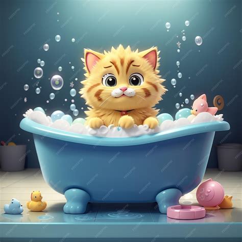 Cute Cat Bath In The Bath Tub With Duck Toys Cartoon Vector Icon