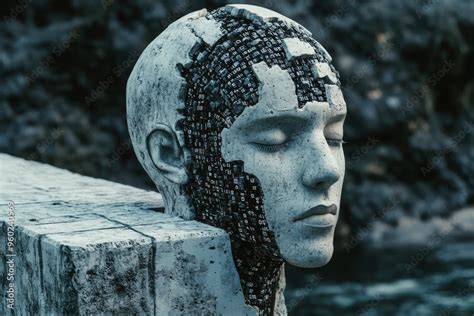 Sliced And Halved 3d Cyborg Head Made Of Concrete Connected With A