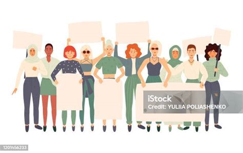 현수막과 현수막을 들고 항의하는 군중들 정치 집회 퍼레이드 또는 집회에 참여하는 남성과 여성 남성과 여성 시위대 또는 활동가의 그룹 벡터 그림입니다 걷기에 대한 스톡 벡터