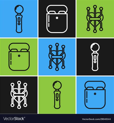 Set Line Gamepad Processor And Air Headphones Vector Image