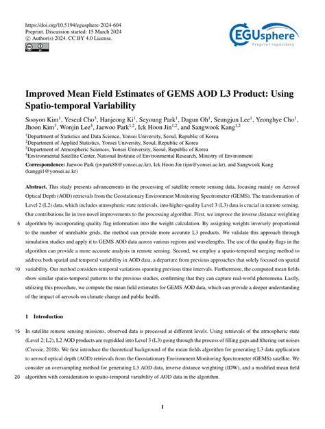 Pdf Improved Mean Field Estimates Of Gems Aod L3 Product Using Spatio Temporal Variability