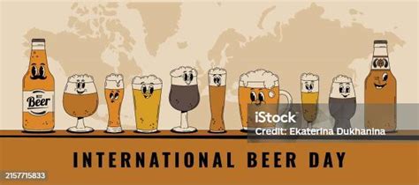 복고풍 그루비 맥주 유리와 병 캐릭터 배너 국제 맥주의 날 빈티지 귀여운 알코올 음료와 음료 마스코트 60 년대 70 년대 80 년대 스타일의 벡터 일러스트 레이 션