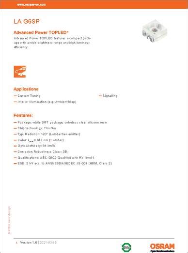 LA G6SP 02 7E6F 24 G3R3 140 Datasheet Ams OSRAM Advanced Power TOPLEDreg 02 Features PLCC