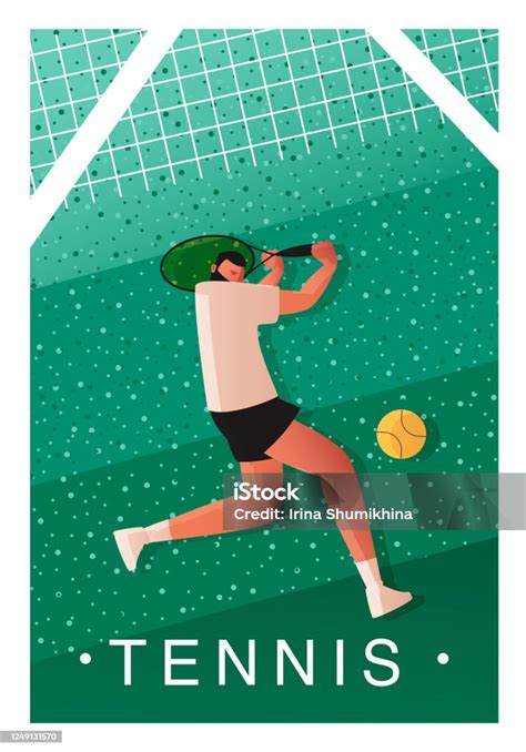 테니스 토너먼트 포스터템플릿입니다 라켓을 가진 테니스 선수가 공을 칠 준비를하고 있습니다 팀 스포츠의 벡터 일러스트레이션 테니스 선수에 대한 스톡 벡터 아트 및 기타 이미지