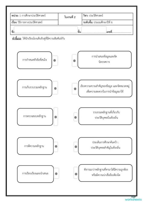 ใบงาน วิธีการศึกษาประวัติศาสตร์ ป 6 ใบงานเชิงโต้ตอบ Topworksheets