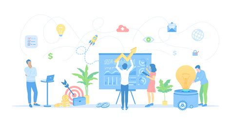 아이디어 비즈니스 개념 프로젝트 시작 재무 계획 전략 실현 및 성공 큰 전구를 가진 사람들의 팀 벡터 일러스트 레이 션 플랫 스타일 경영자에 대한 스톡 벡터 아트 및 기타