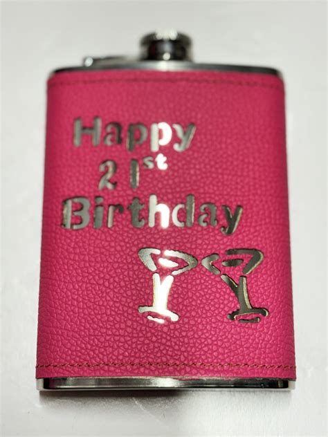 Pink Leather Happy 21st Flask Keyman