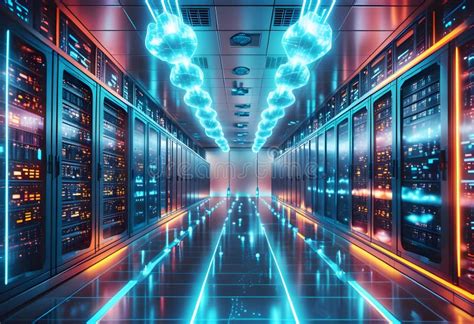 Network And Internet Communication Technology Concept Data Center Interior Server Racks With