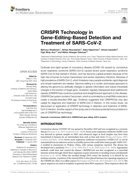 Pdf Crispr Technology In Gene Editing Based Detection And Treatment Of Sars Cov 2