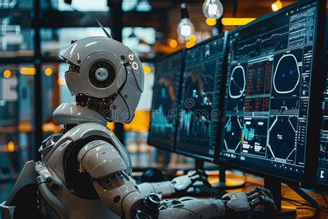 Ai Robots With Screens Displaying Real Time Data Analysis And Learning Big Data In The World