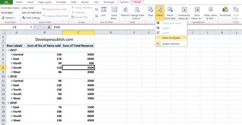 selecting moving and clearing pivot table data in excel