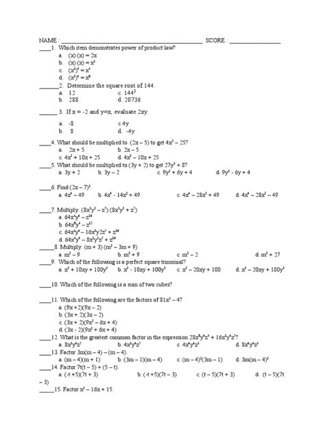 Quiz On Algebraic Expressions Pdf Mathematical Analysis Abstract Algebra