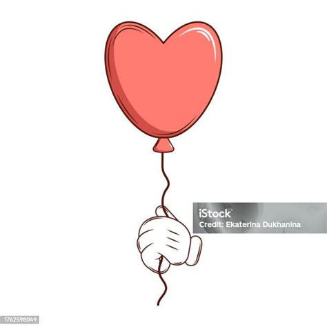 캐릭터의 손에 있는 헬륨 풍선 그루비 복고풍 만화 사랑스러운 하트 스티커 패치 발렌타인 포스터 카드 인쇄용 트렌디한 복고풍 60년대 70년대 스타일 레드 핑크 색상 벡터 0