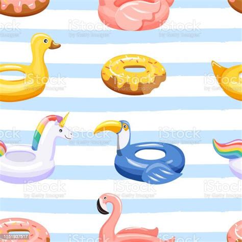 플라밍고 유니콘 오리 도넛과 Toucan의 형태로 다양 한 풍선 수영장 링과 완벽 한 패턴입니다 개체 그룹에 대한 스톡 벡터 아트 및 기타 이미지 Istock