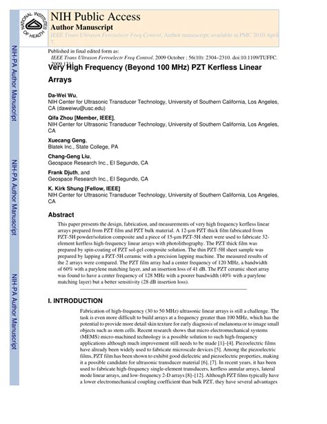pdf very high frequency beyond 100 mhz pzt kerfless linear arrays