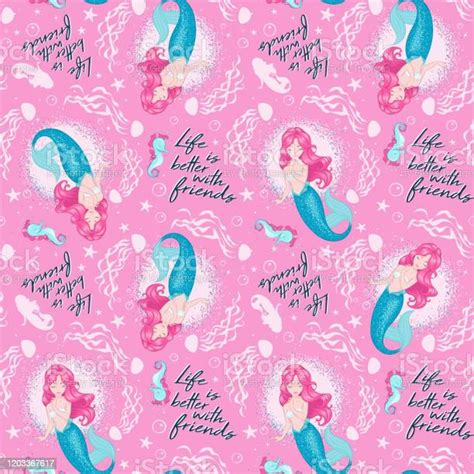 분홍색 배경에 아름다운 인어 패턴입니다 아이들을위한 디자인 옷이나 직물에 대한 현대적인 스타일로 그리기 패션 일러스트 여름 무늬 개성 개념에 대한 스톡 벡터 아트 및 기타