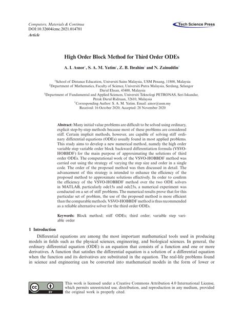 Pdf High Order Block Method For Third Order Odes