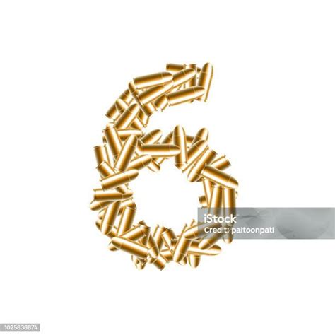 문자 숫자 6 또는 6 골드 색상 알파벳 총알 세트 일러스트 레이 션 3d 가상 디자인에 흰색 배경에 고립 공격성에 대한 스톡 벡터 아트 및 기타 이미지 Istock