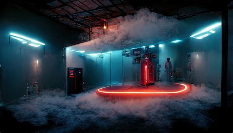 Luminous의 래스터 그림은 연기 실험에서 파란색 빨간색 네온 광선 실험실 드레싱 가운을 입은 의사 사악한 실험 사이버 공간 직사각형 포털 3d 아트웍을 보여줍니다